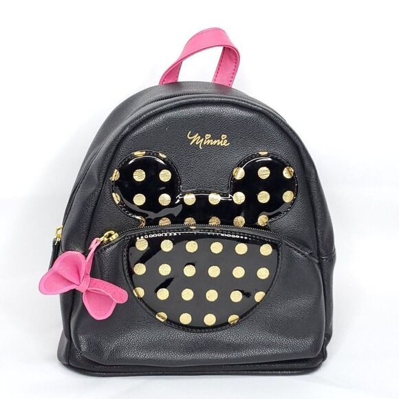 Disney | Bags | Disney Minnie Mouse Minibackpack Black Gold Polka Dot ...